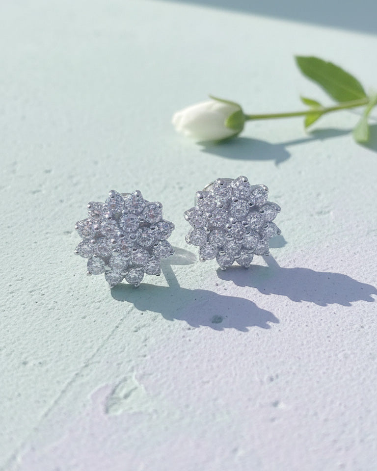 Cluster of round shape CZ in a flower shape stud earring. – IOV